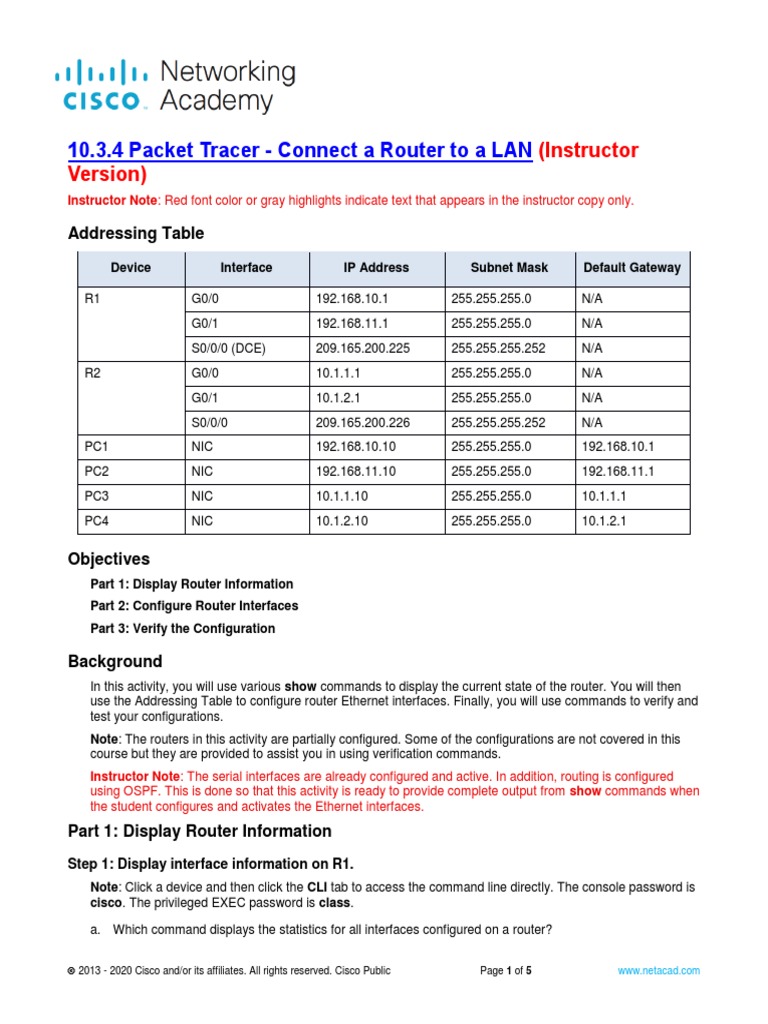10.3.4 Packet Tracer - Connect A Router To A LAN | PDF | Router (Computing) | Computer Network
