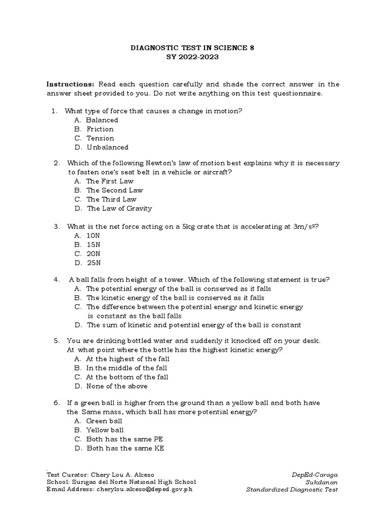 S8 Diagnostic Test Questionnaire | PDF | Liquids | Dominance (Genetics)