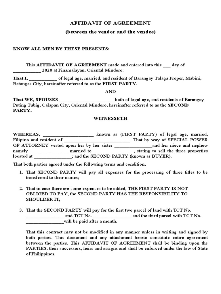 AFFIDAVIT OF AGREEMENT Format | PDF