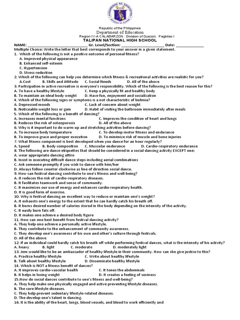 PE3 Pre Test | PDF | Physical Fitness | Flexibility (Anatomy)
