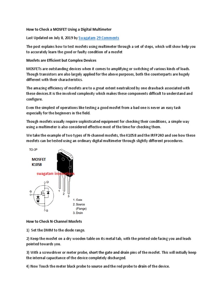 Testing MOSFETs with a Multimeter Guide | PDF | Mosfet | Field Effect ...