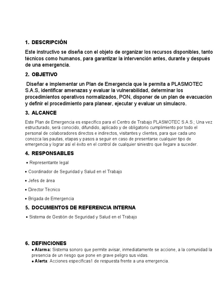 Plan de Emergencia para Plasmotec S.A.S. | PDF | Riesgo | Emergencia