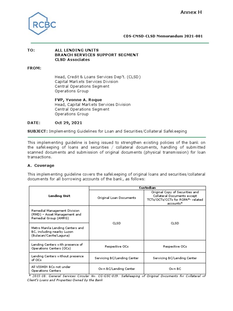 Guidelines for Strengthening the Safekeeping of Original Loan and ...