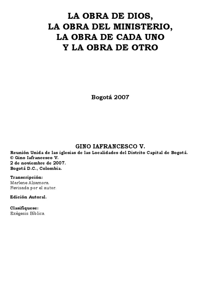 La Obra de Dios La Obra Del Ministerio La Obra de Cada Uno | PDF ...