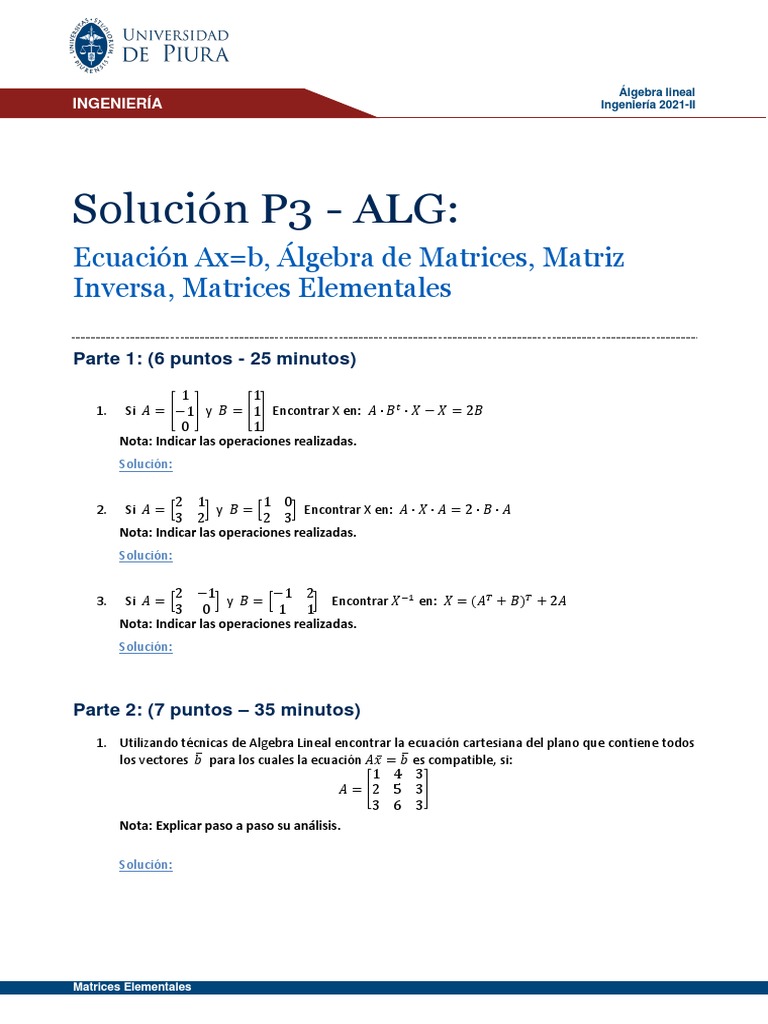 Sol P3 - ALG 2021 II | PDF | Matriz (Matemáticas) | Álgebra lineal