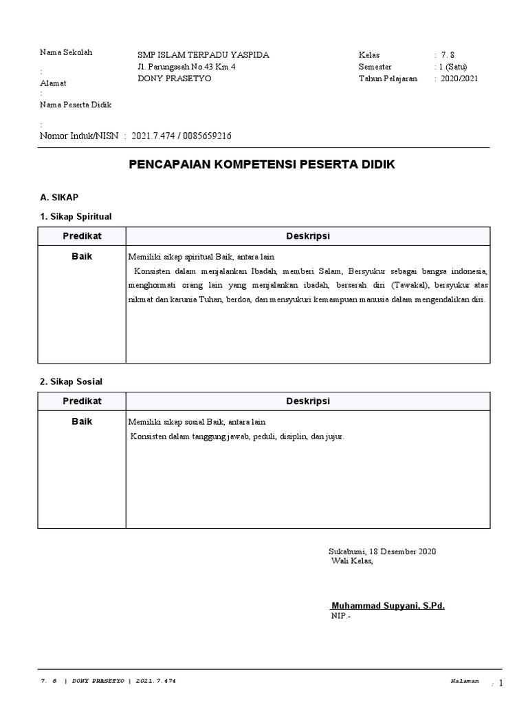 Rapor - DONY PRASETYO - 20201 | PDF