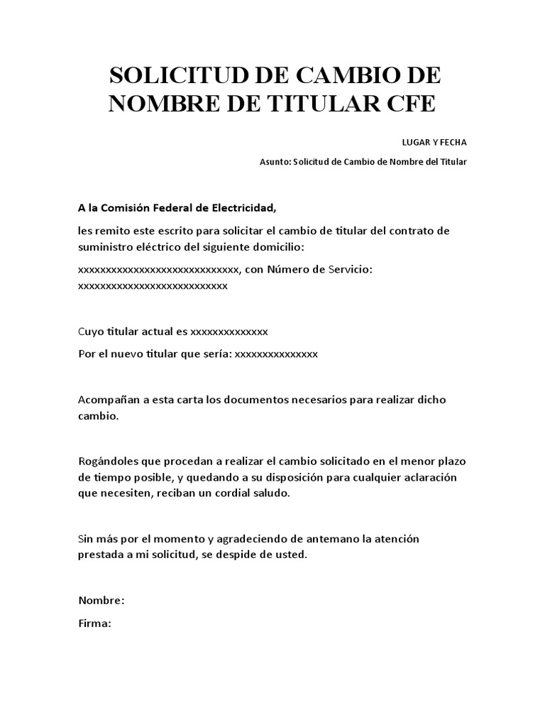 Modelo de Carta de Solicitud de Cambio de Nombre Cfe | PDF