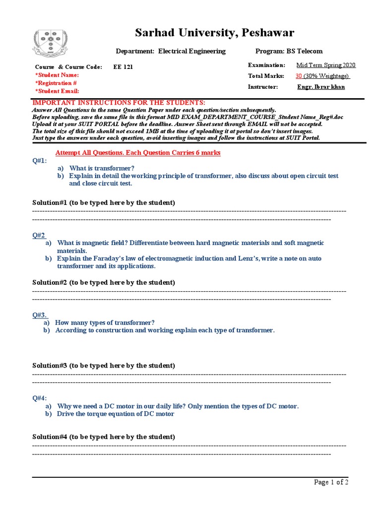 Electrical Machine 1 Mid Term Exam Paper | PDF | Electric Motor ...