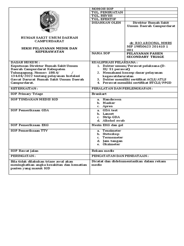SOP Pelayanan Pasien Secondary Triage | PDF