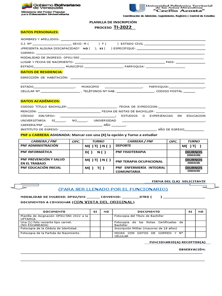 Planilla Inscripcion Nuevo Ingreso 2022 | PDF | Gobierno y personalidad