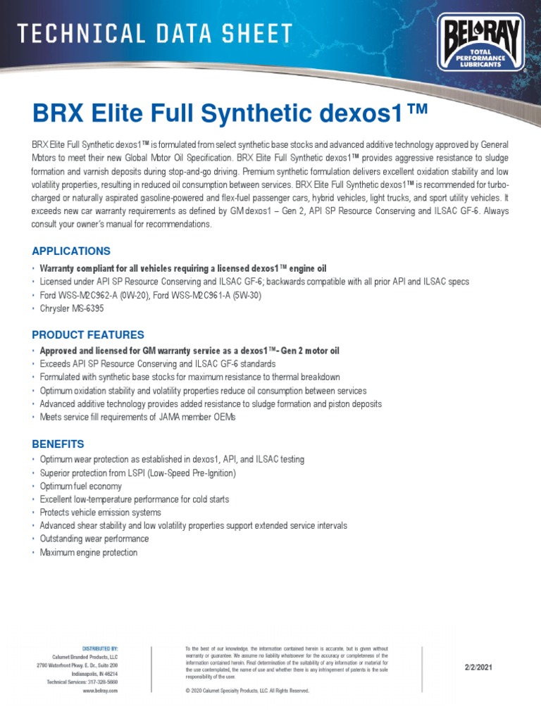 Bel Ray BRX Elite Full Syn Dexos1 PDS Feb2021 1 | PDF | Motor Oil ...