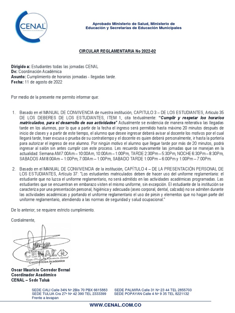 Normas de Horarios y Uniforme CENAL | PDF | Salud y bienestar | Ciencia ...