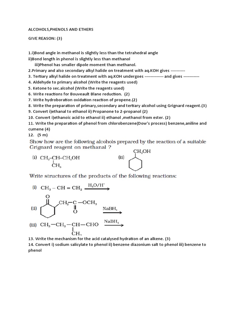 Alcohols, Phenols and Ethers Test Series | PDF | Ether | Hydrogen Compounds