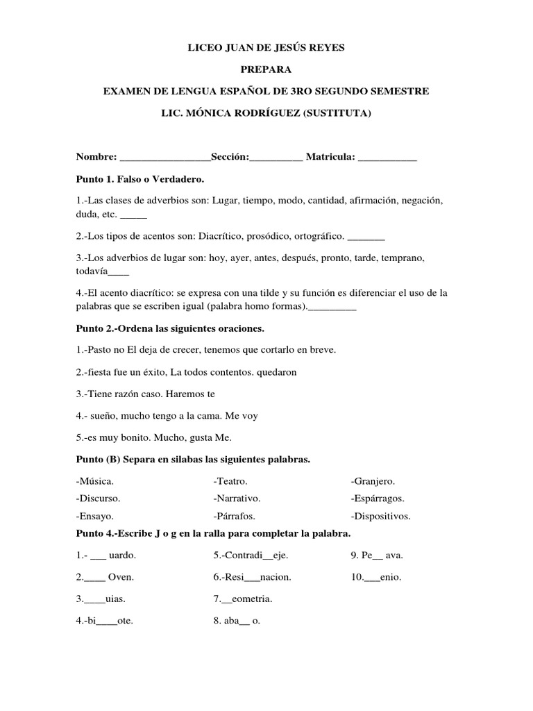 Examen de Español | PDF | Adverbio | Gramática