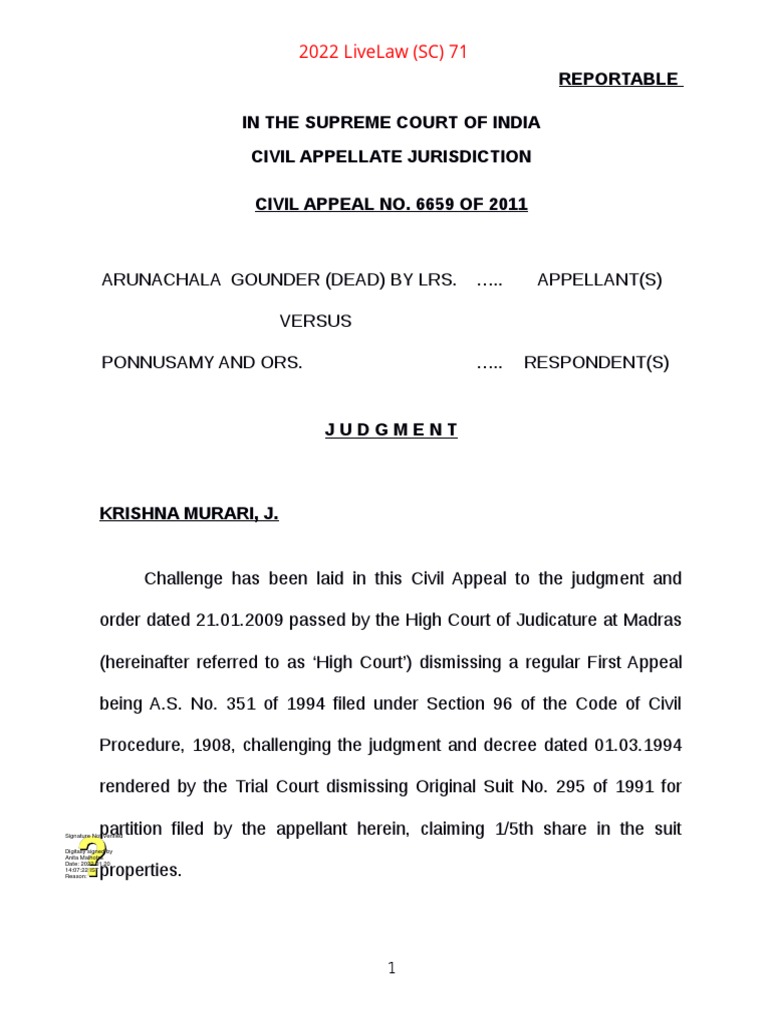 Arunachala Gounder Dead Vs Ponnusamy A 2022 Livelaw SC 71 407962 | PDF ...
