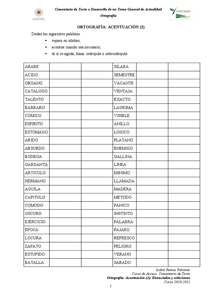 Ortografía. Acentuación (2) - Ejercicios y Soluciones | PDF | Idiomas | Estudios de idiomas ...