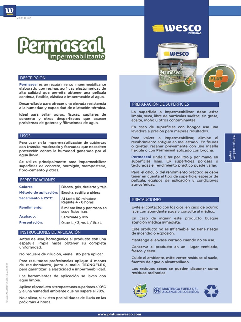 w11xx Ficha Tecnica Wesco Permaseal | PDF | Hormigón | Agua