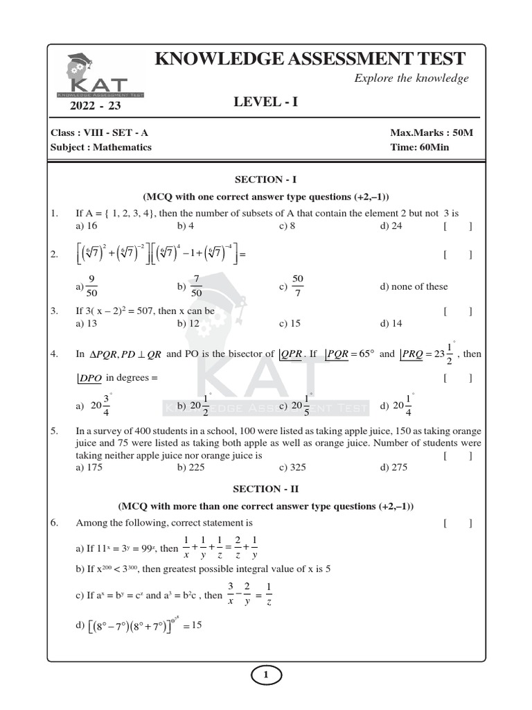 8th CLASS KAT LEVEL - I MATHS QP (22-23) SET - A (M) | Download Free PDF | Triangle | Perpendicular