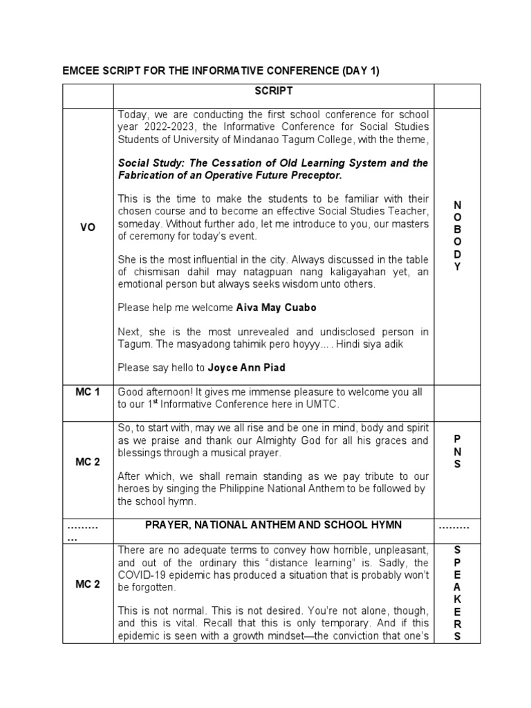 EMCEE SCRIPT FOR THE INFORMATIVE CONFERENCE | PDF