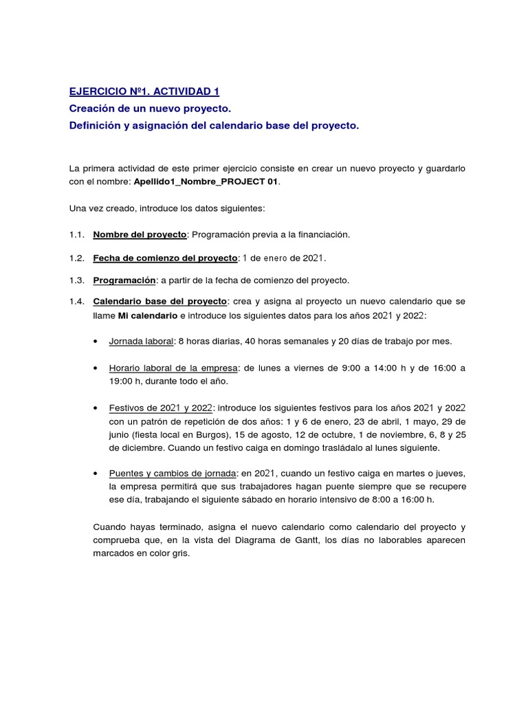 PROJECT - Ejercicio Nº1 - Actividad 1 (Calendarios) | PDF