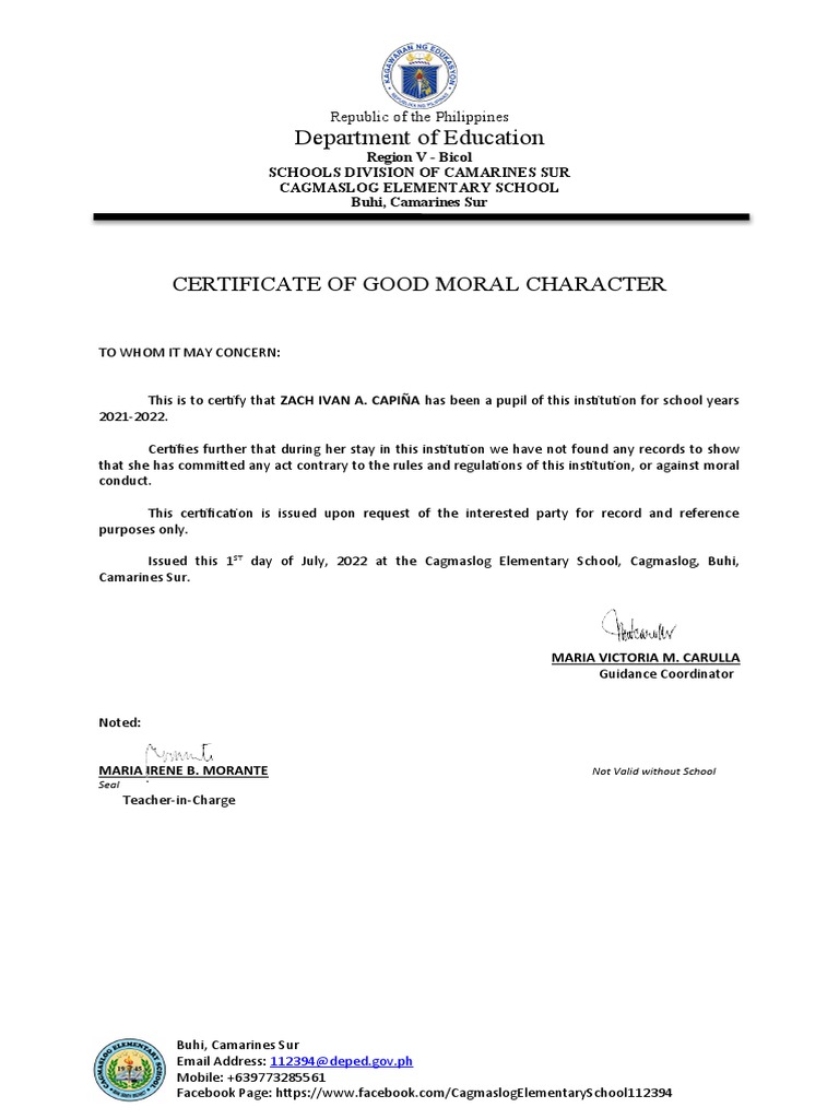 Certificate Of Good Moral Character Pdf