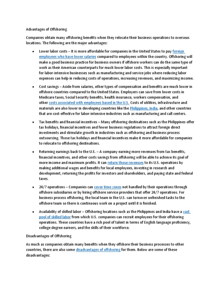 Advantages and Disadvantages of Offshoring | PDF