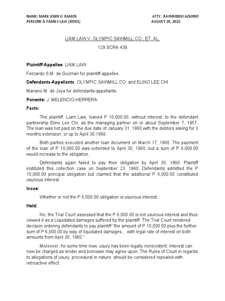 Liam Lo v. Olympic Sawmill Co. | PDF | Interest | Loans