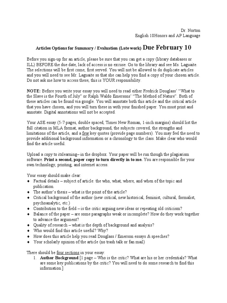 Late Work Essay Assignment With Article Options | PDF | Essays | Ralph ...