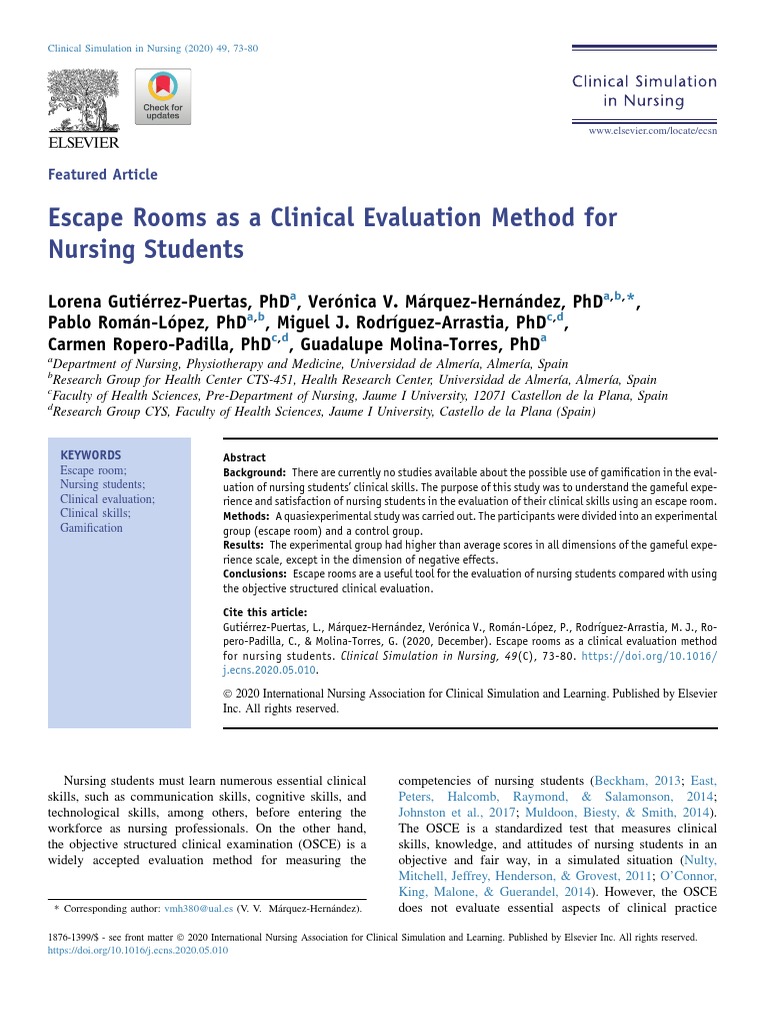 Escape Rooms As A Clinical Evaluation Method For Nursing Students | PDF ...