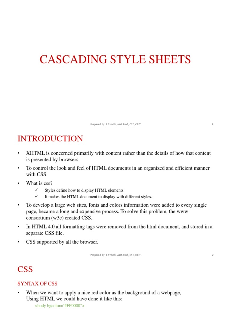 Cascading Style Sheets: Prepared By: E.Swathi, Asst - Prof., CSE, CBIT 1 | PDF | Html Element | Html