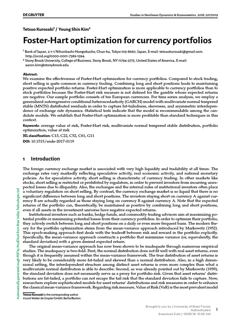 Foster-Hart Optimization For Currency Portfolios | PDF | Modern Portfolio Theory | Value At Risk