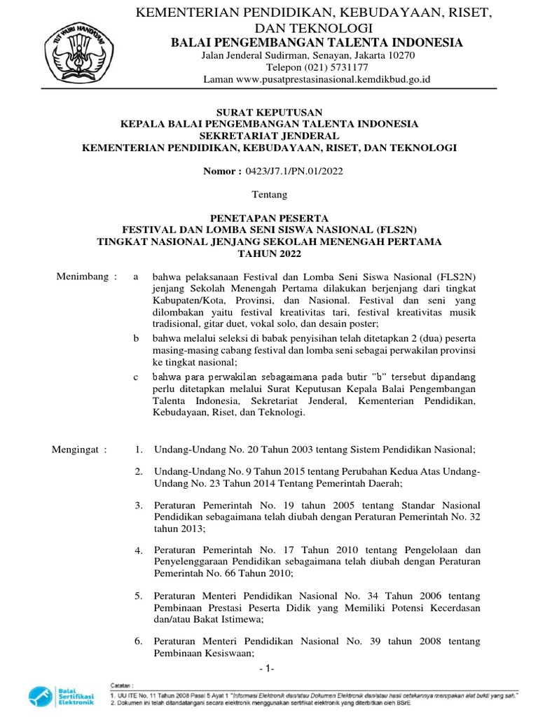 SK Peserta Tingkat Nasional Fls2n SMP Tahun 2022 | PDF