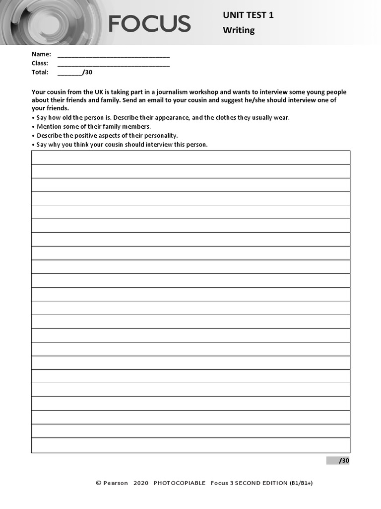 Focus3 2E Unit Test Writing Unit1 | PDF