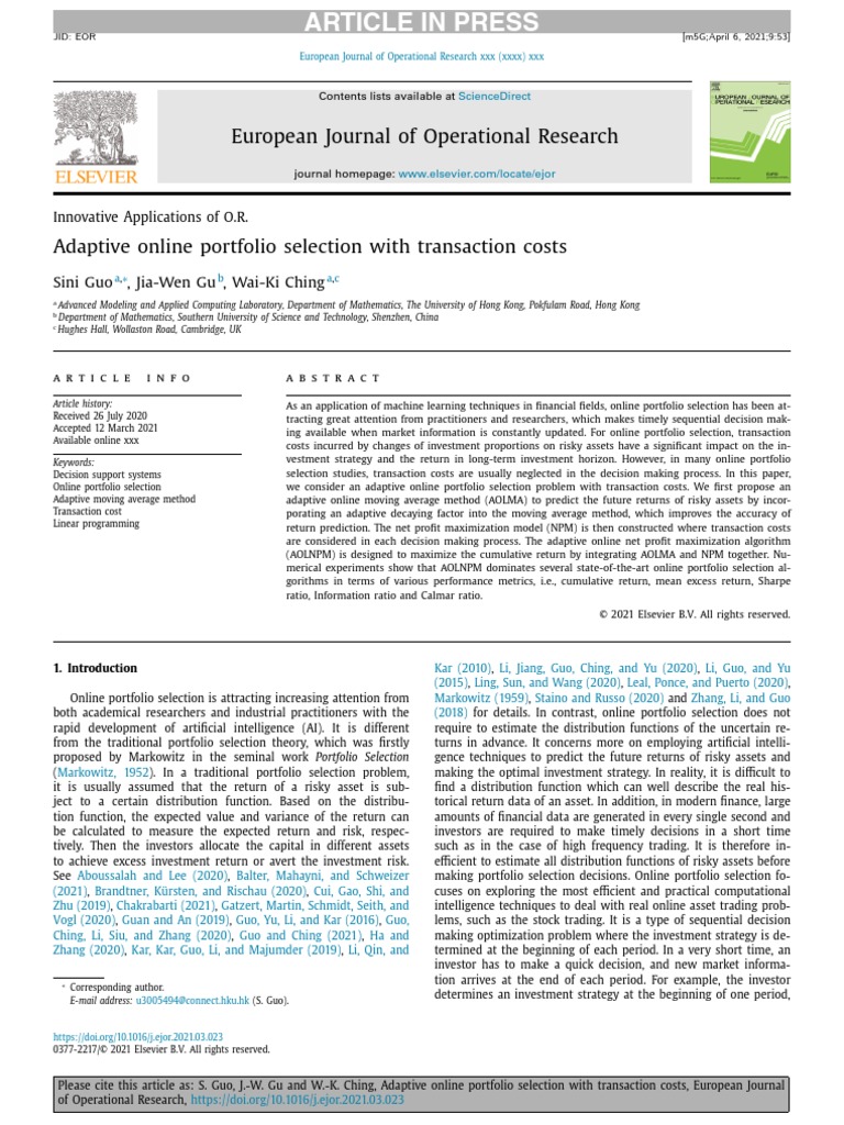 Adaptive Online Portfolio Selection With Transaction Costs | PDF | Technical Analysis | Investing