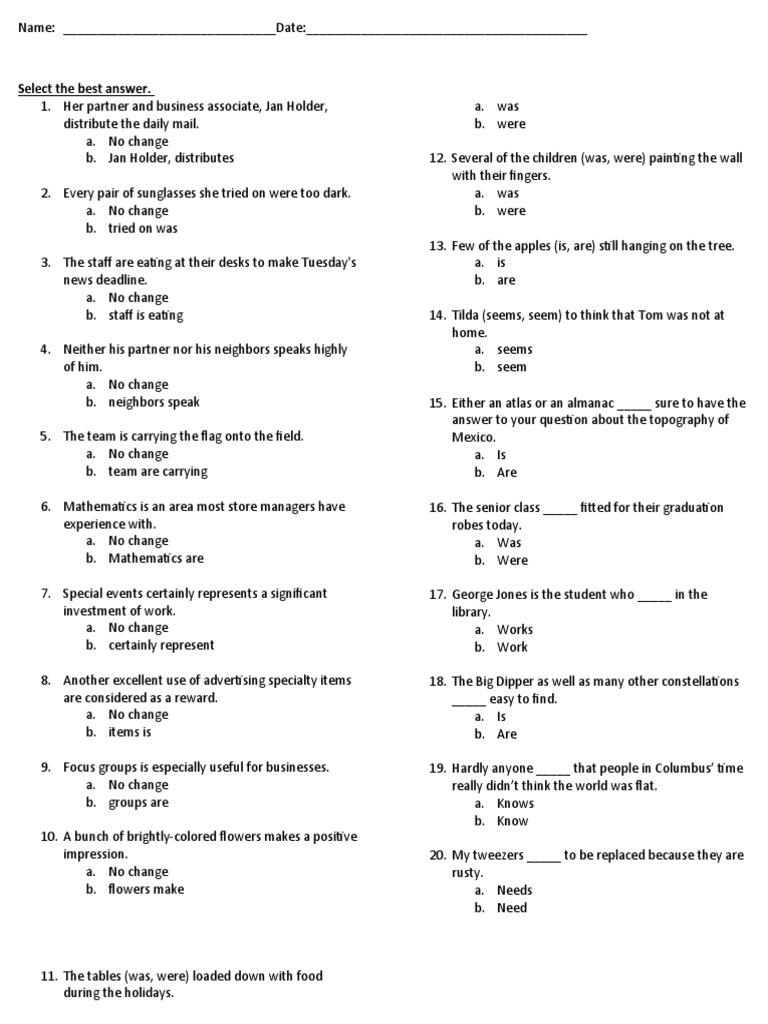 Subject Verb Agreement - Pre Test | PDF