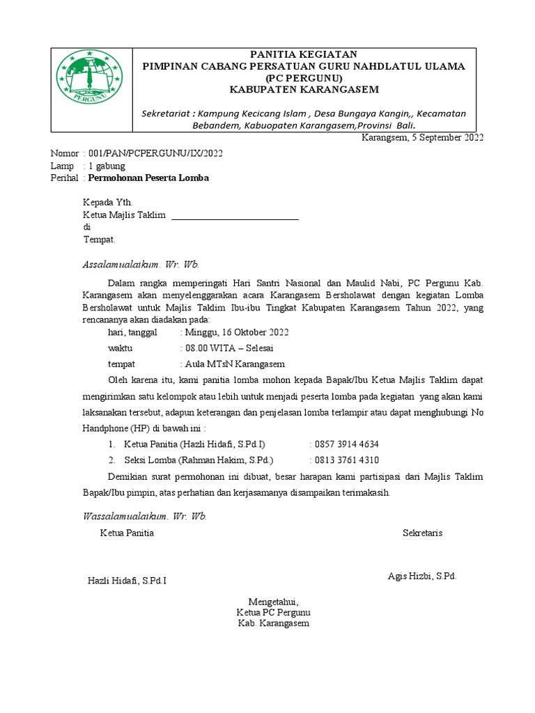 Surat Permohonan Peserta Lomba | PDF