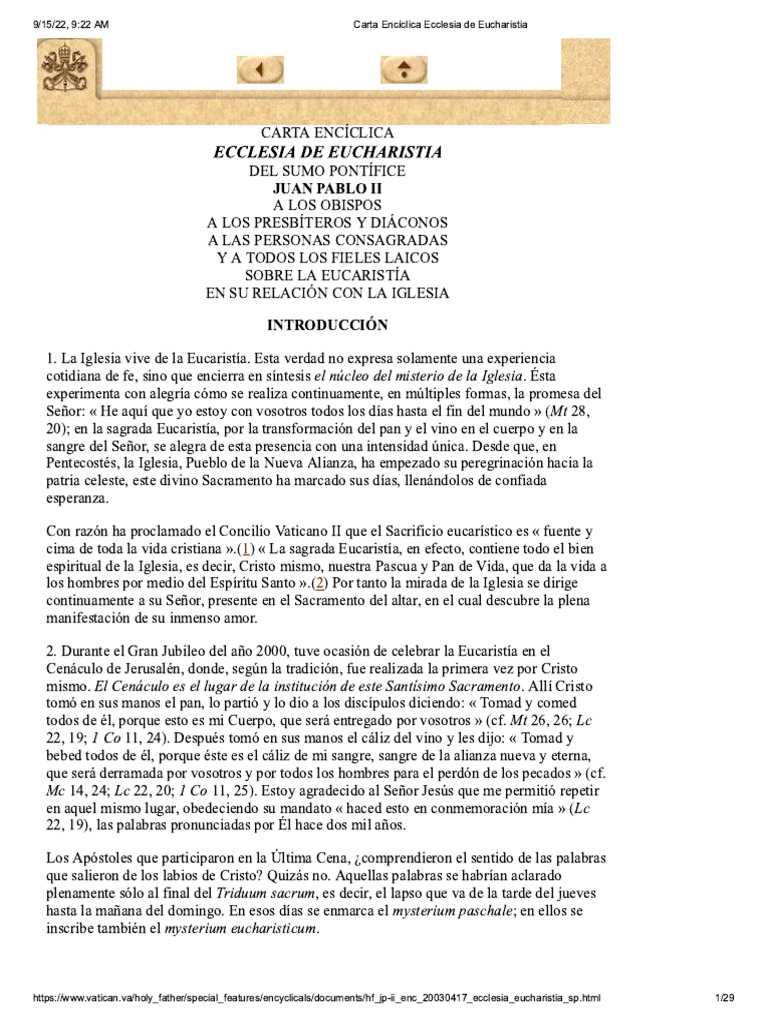 Carta Encíclica Ecclesia de Eucharistia | PDF