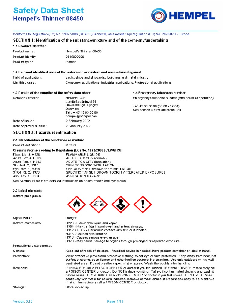 SDS Hempel Thinner 08450 | PDF | Toxicity | Personal Protective Equipment