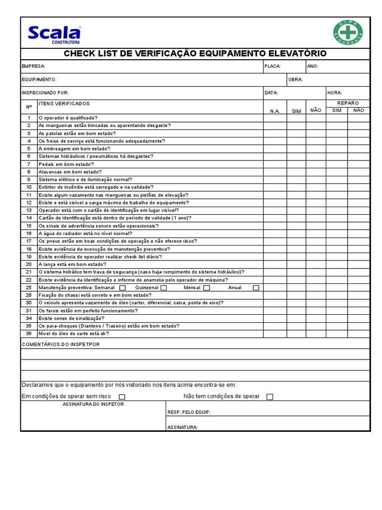 Check List Equipamento Elevatório | PDF