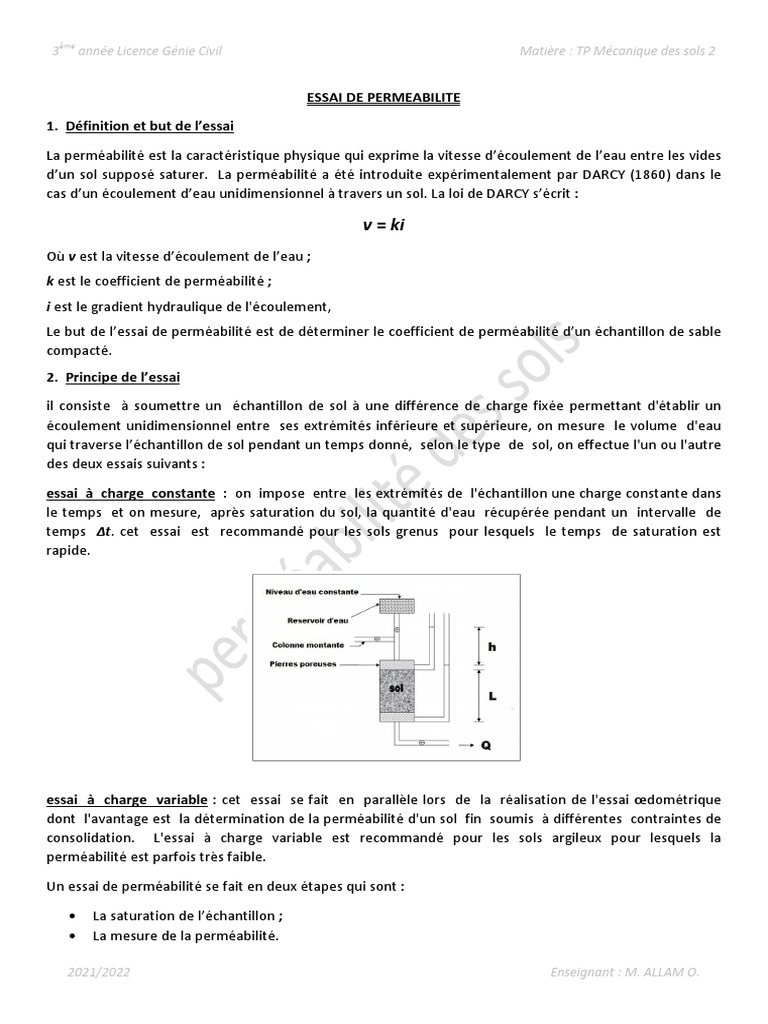 Essai de Perméabilité des Sols en TP | PDF | Perméabilité (fluide ...