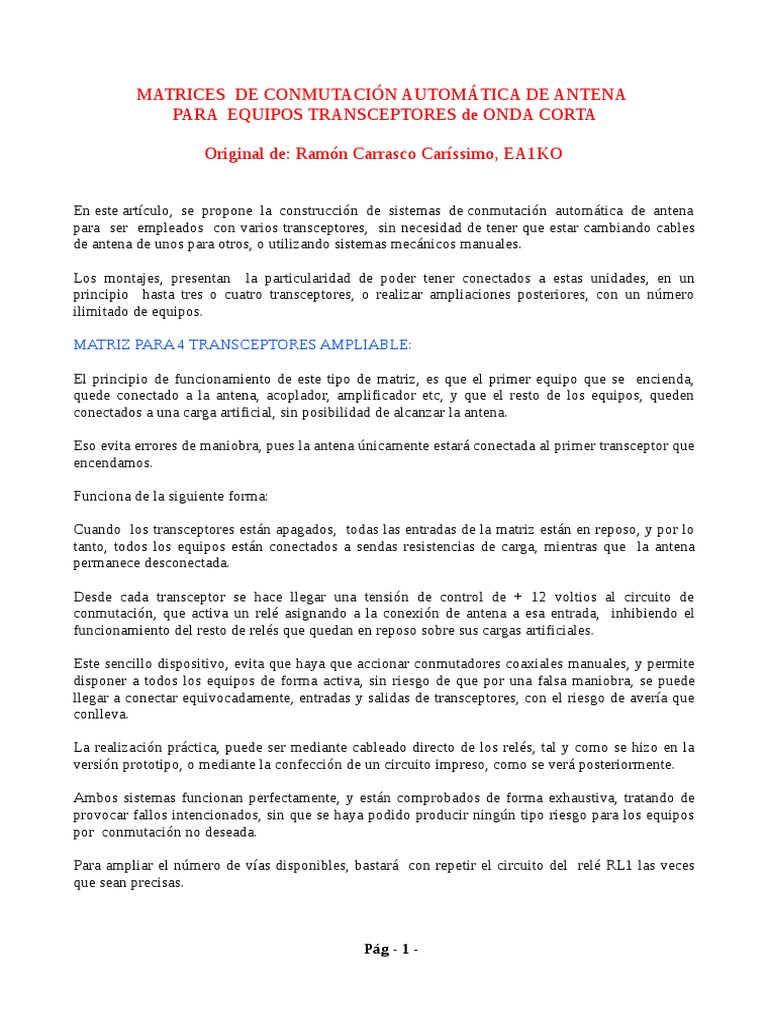 Matrices de Conmutacion EA1KO | PDF | Relé | Resistencia Eléctrica y ...