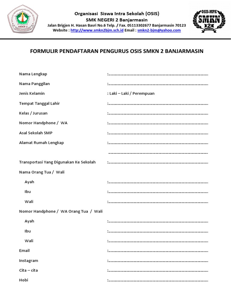 Formulir Pendaftaran Osis SMKN 2 BJM 2021-2022 | PDF