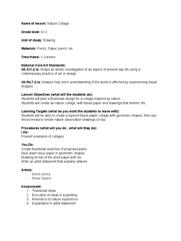 Nature Collage Lesson Plan for Grades 9-12 | PDF | Drawing | Collage