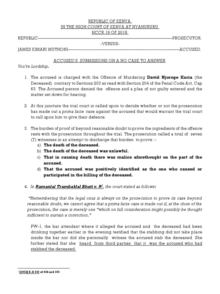 Accused's No Case Submission in Murder Trial | PDF | Burden Of Proof ...
