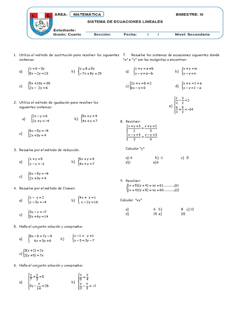 Sistema de Ecuaciones Lineales Con 2 Variables (Ficha 2) | PDF ...