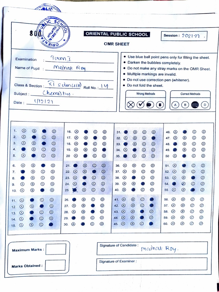 chemistry omr sheet | PDF