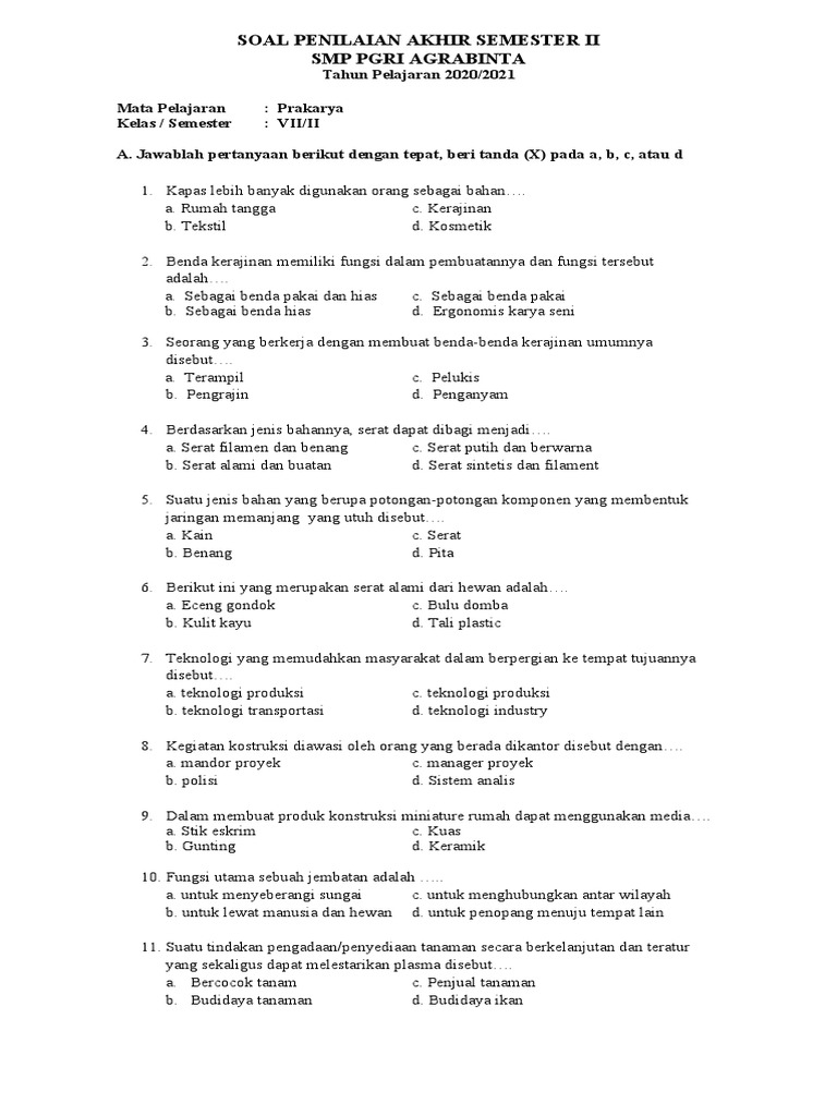 Soal PAS Prakarya Genap Kelas VII | PDF