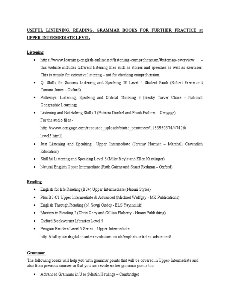 Upper-Intermediate Level Suggested List of Books For Further Study | PDF