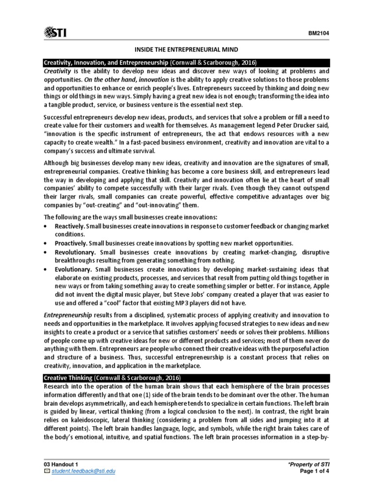 03 Handout 1 | PDF | Entrepreneurship | Creativity