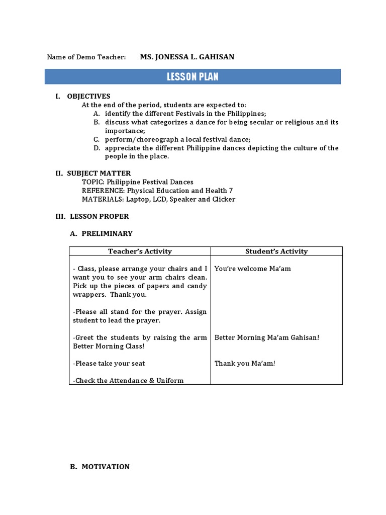 Lesson Plan Detailed | PDF | Dances | Festival